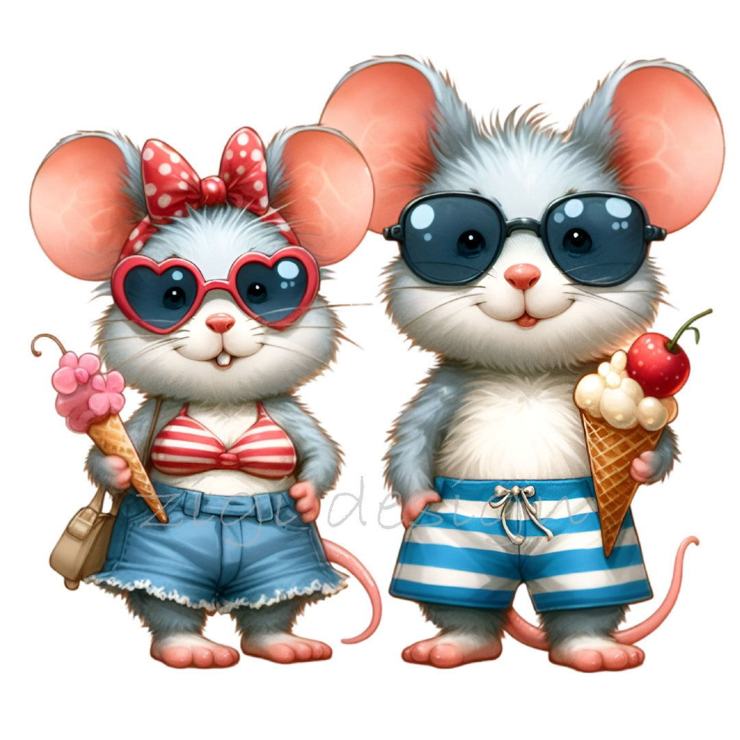 10 Summer Mouse Couple PNG Clipart | Cute Mice With Ice Cream Digital ...