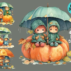 Fall Rain Clipart PNG Watercolor Pumpkin Umbrella Sublimation - Etsy