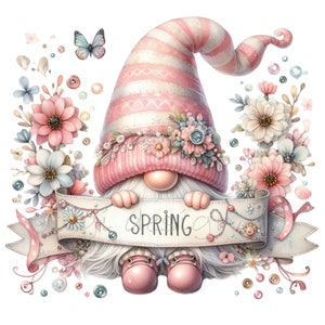 10 Spring Gnome Clipart PNG, Cute Floral Gnome With Flowers and Banner ...
