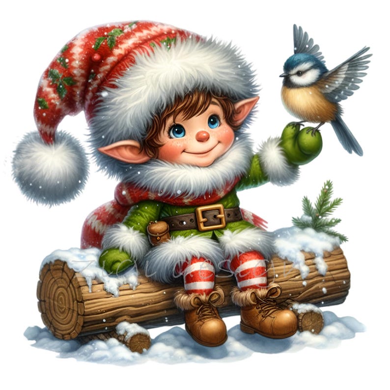 15 Christmas Elf PNG Clipart – Cute Holiday Elf on Snowy Log With Bird ...
