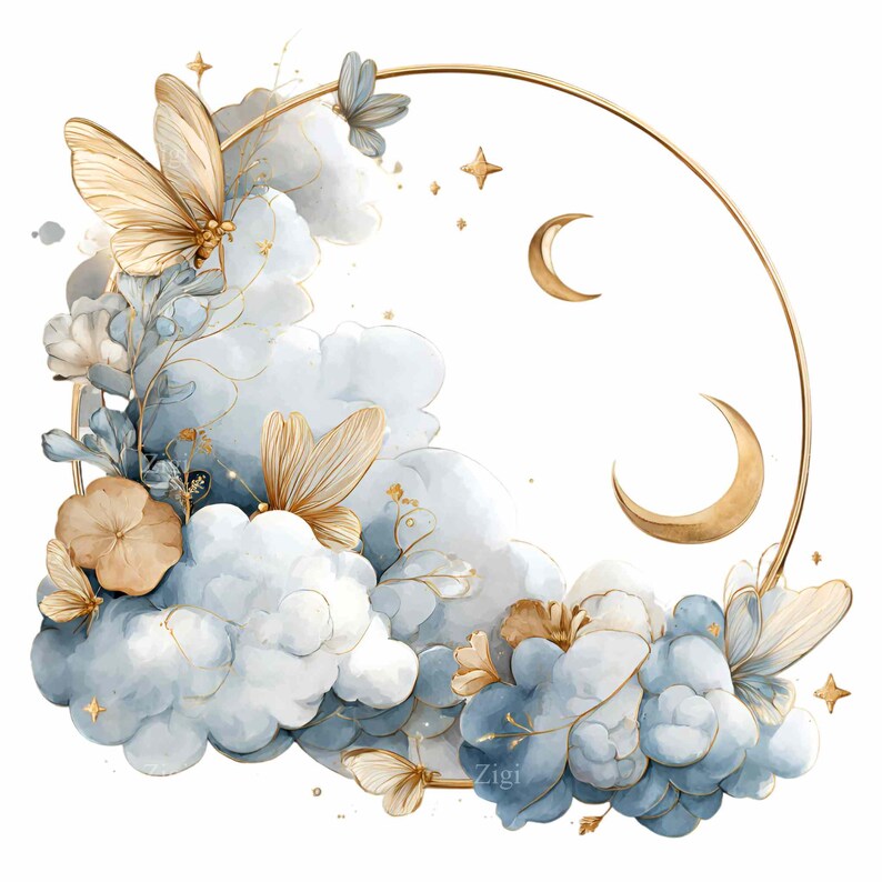 16 PNG Celestial Moon Frame PNG – Gold Clouds and Wings Clipart – Lunar ...