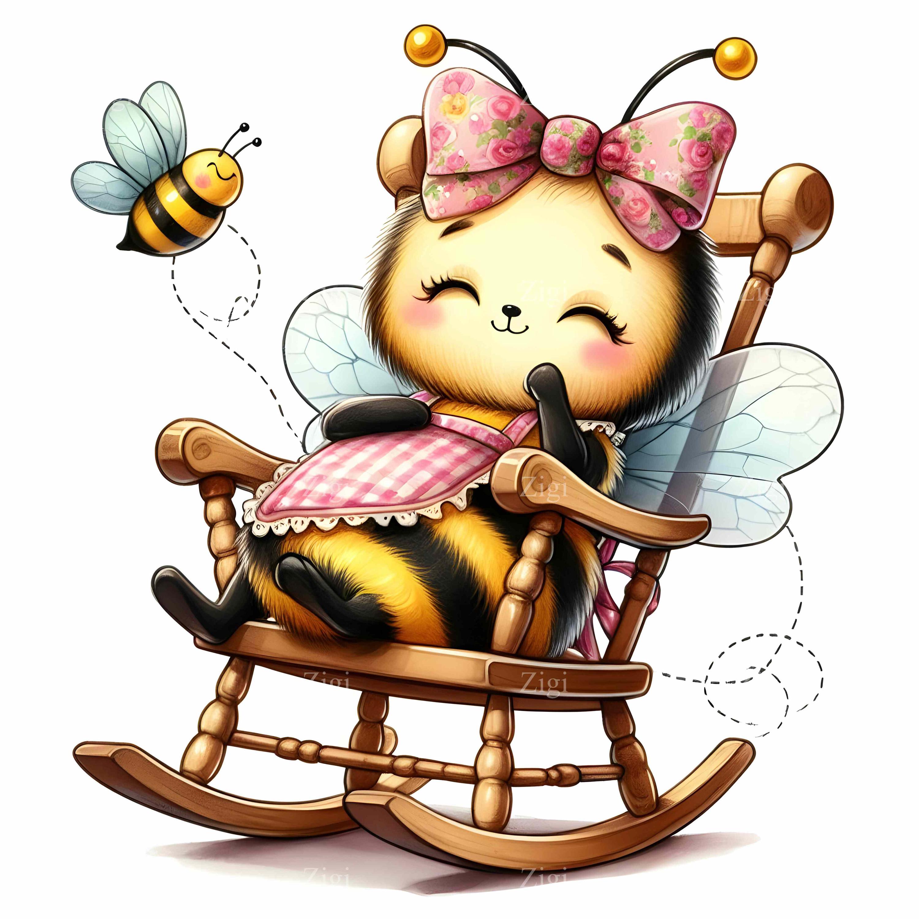 12 JPEG Cute Bee Clipart in Rocking Chair With Apron & Bow, Floral ...