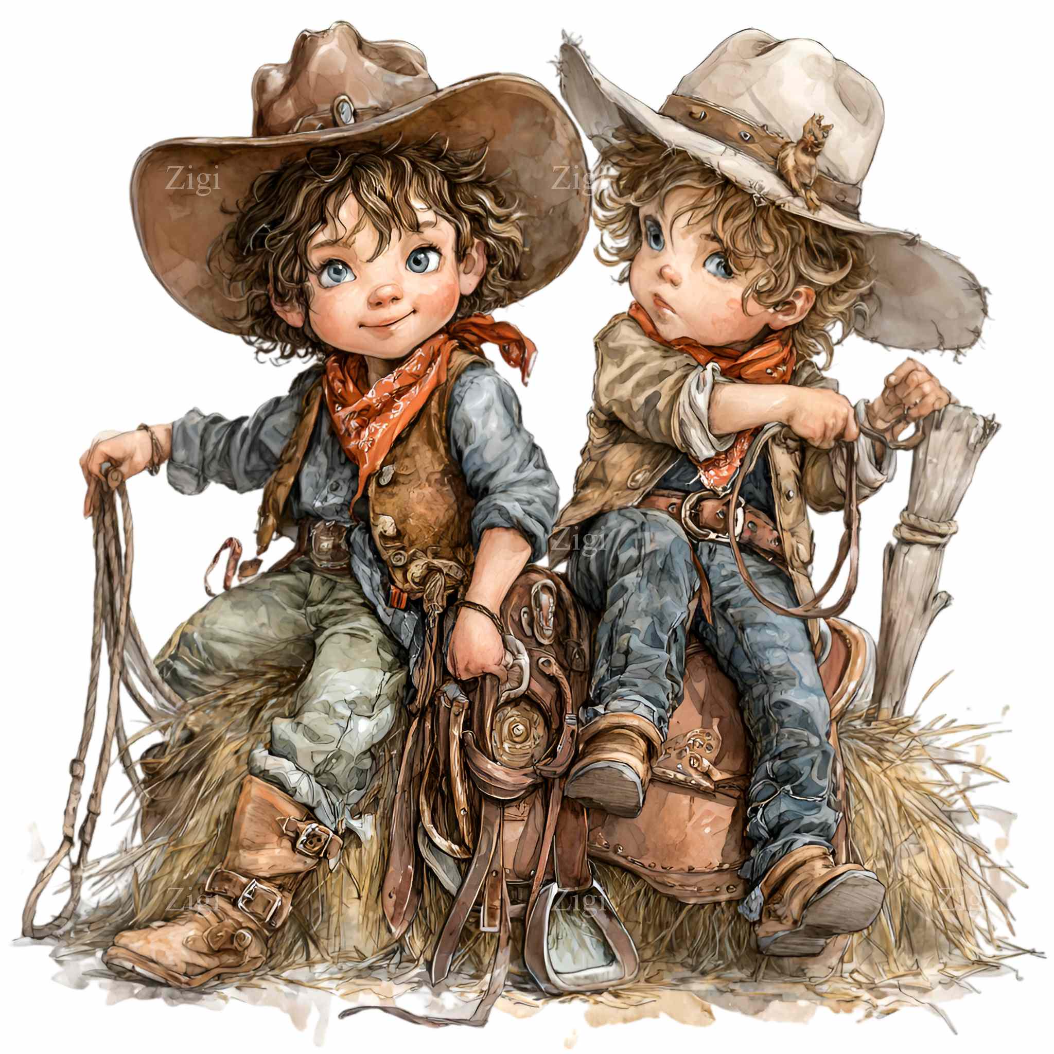 15 PNG Cowboy Kids Clipart, Western Children Illustration, Watercolor ...
