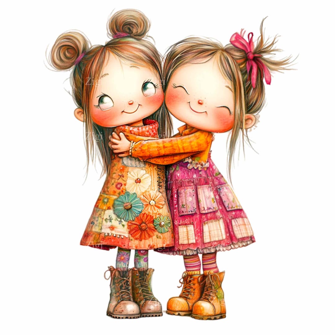 11 Sisters PNG Clipart - Cute Girls in Colorful Dresses Hugging ...