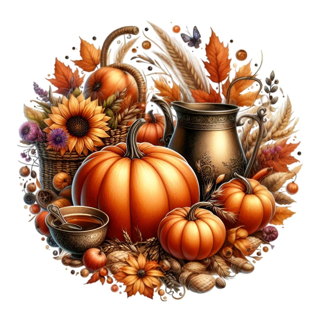 Autumn Harvest Pumpkins Clipart PNG 15 Fall Sunflowers, Rustic Decor ...