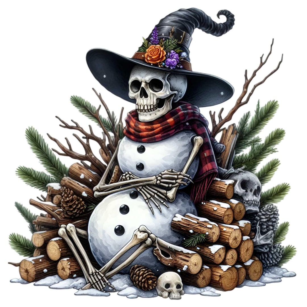 Skull Snowman Clipart PNG 15 Spooky Winter Skeleton With Witch Hat and ...