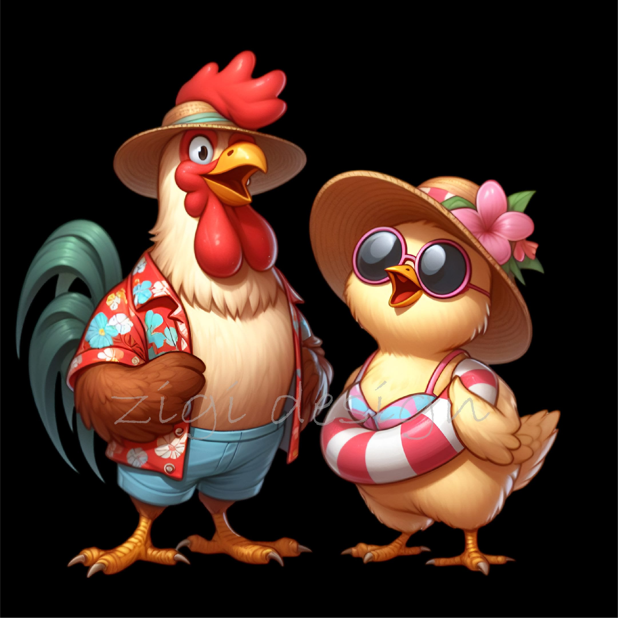 10 Summer Beach Chickens PNG Clipart, Cute Rooster & Hen in Vacation ...
