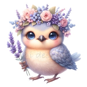 15 Cute Floral Bird PNG Clipart, Adorable Baby Bird With Lavender and ...