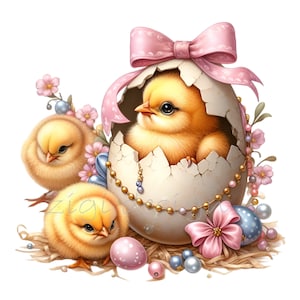 10 Cute Easter Chick PNG, Baby Chicks in Golden Egg With Pearls and Bow ...