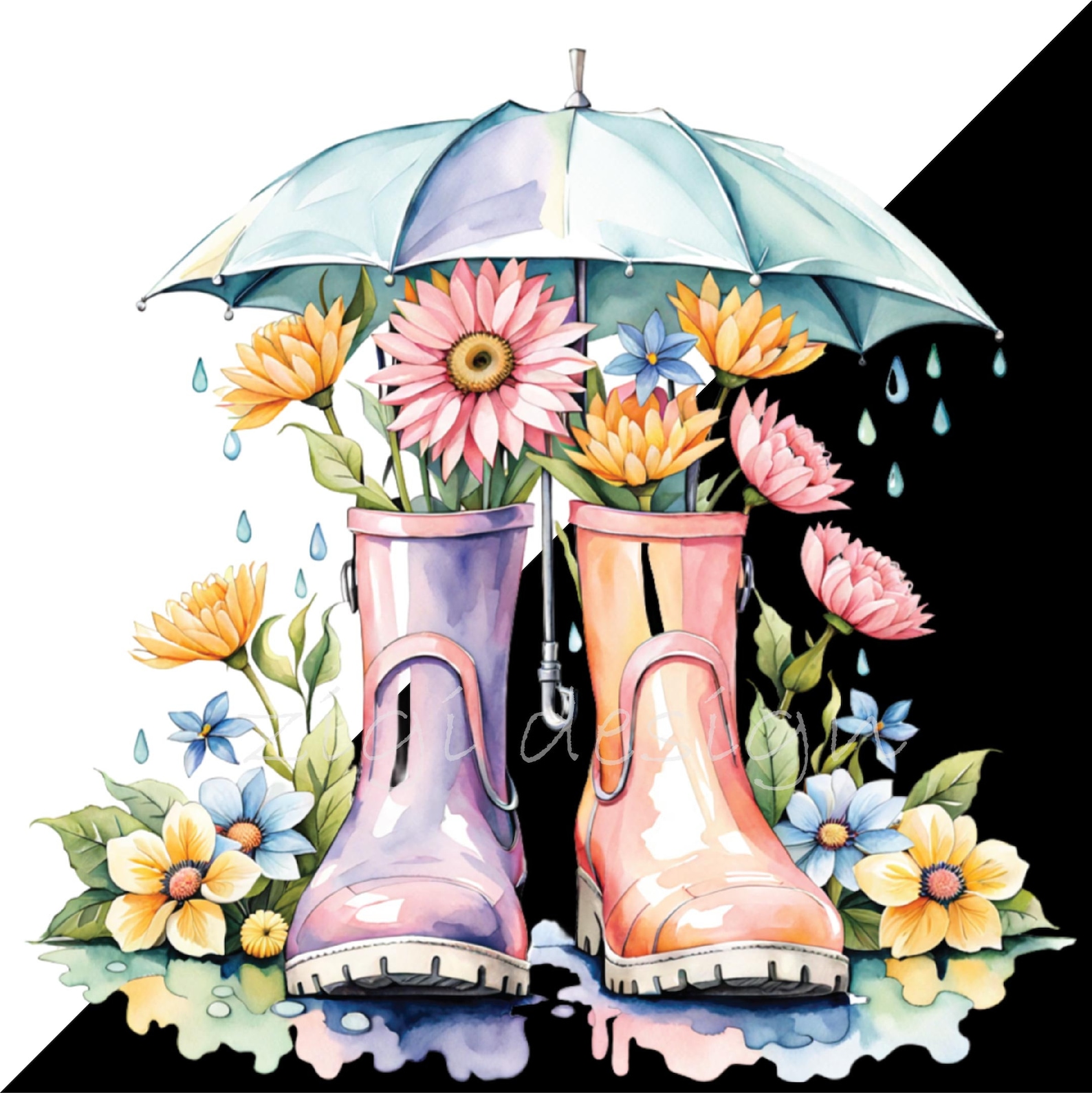 20 PNG Watercolor Rain Boots Umbrella Clipart, Spring Flower ...