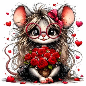 Mouse With Roses PNG Clipart 12 Cute Mouse in Heart Glasses Holding Red ...