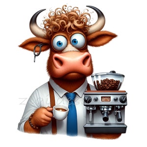 Cow Coffee Maker Comics Animal 18 PNG Funny Coffee Lovers Illustration ...