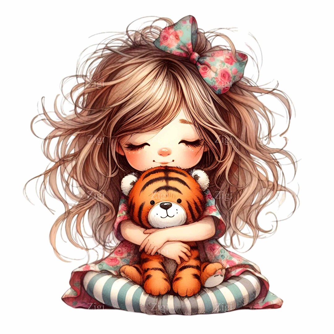 15 Cute Girl Hugging Tiger Plush PNG, Whimsical Child Illustration ...