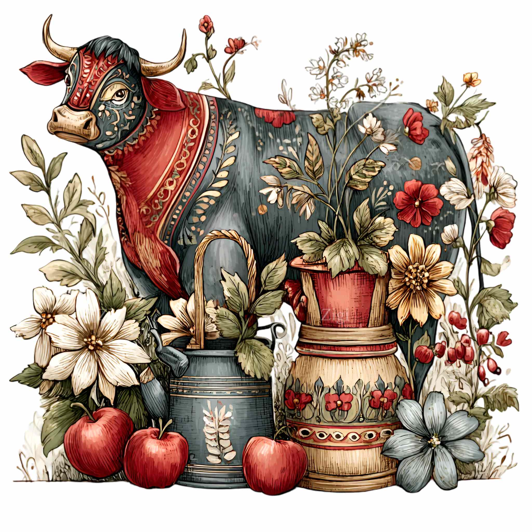 15 PNG Folk Art Cow Floral Farmhouse Clipart, Scandinavian Garden ...