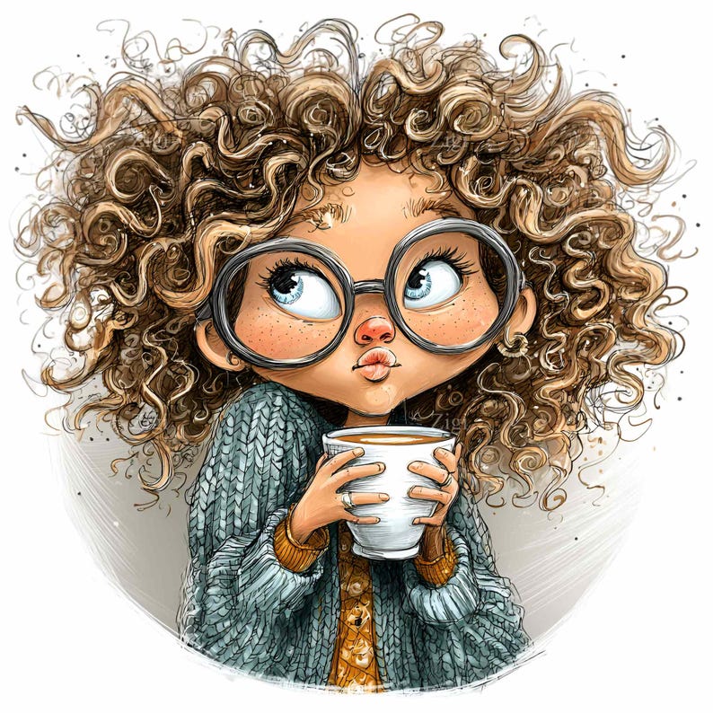 10 PNG Curly Hair Girl Coffee, Glasses Nerd Sublimation - Etsy