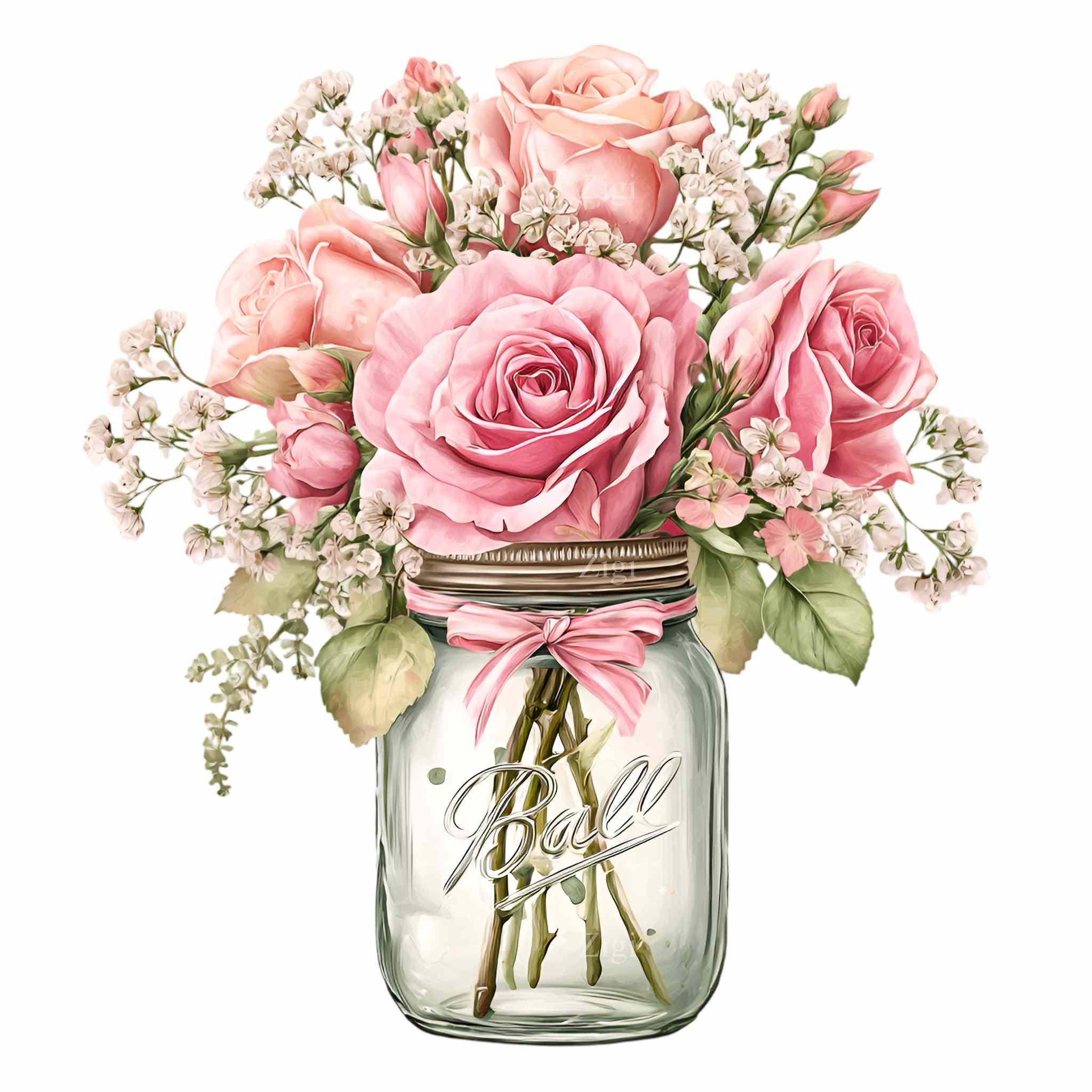 16 PNG Pink Rose Mason Jar Clipart, Watercolor Floral Bouquet, Flower ...
