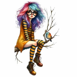 Whimsical Girl PNG Clipart 15 Cute Girl With Colorful Hair, Round ...