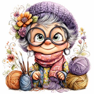 25 JPEG Crafty Grandma Art – Knitting Lady Clipart – Fun Yarn Lover ...