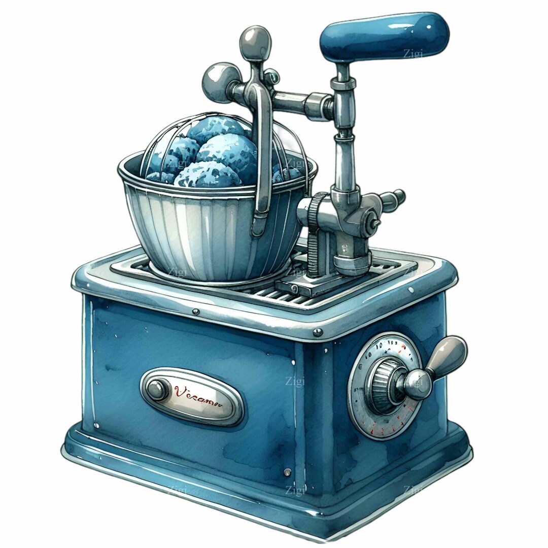 10 Vintage Ice Cream Maker PNG Clipart, Retro Blue Hand Crank Machine ...