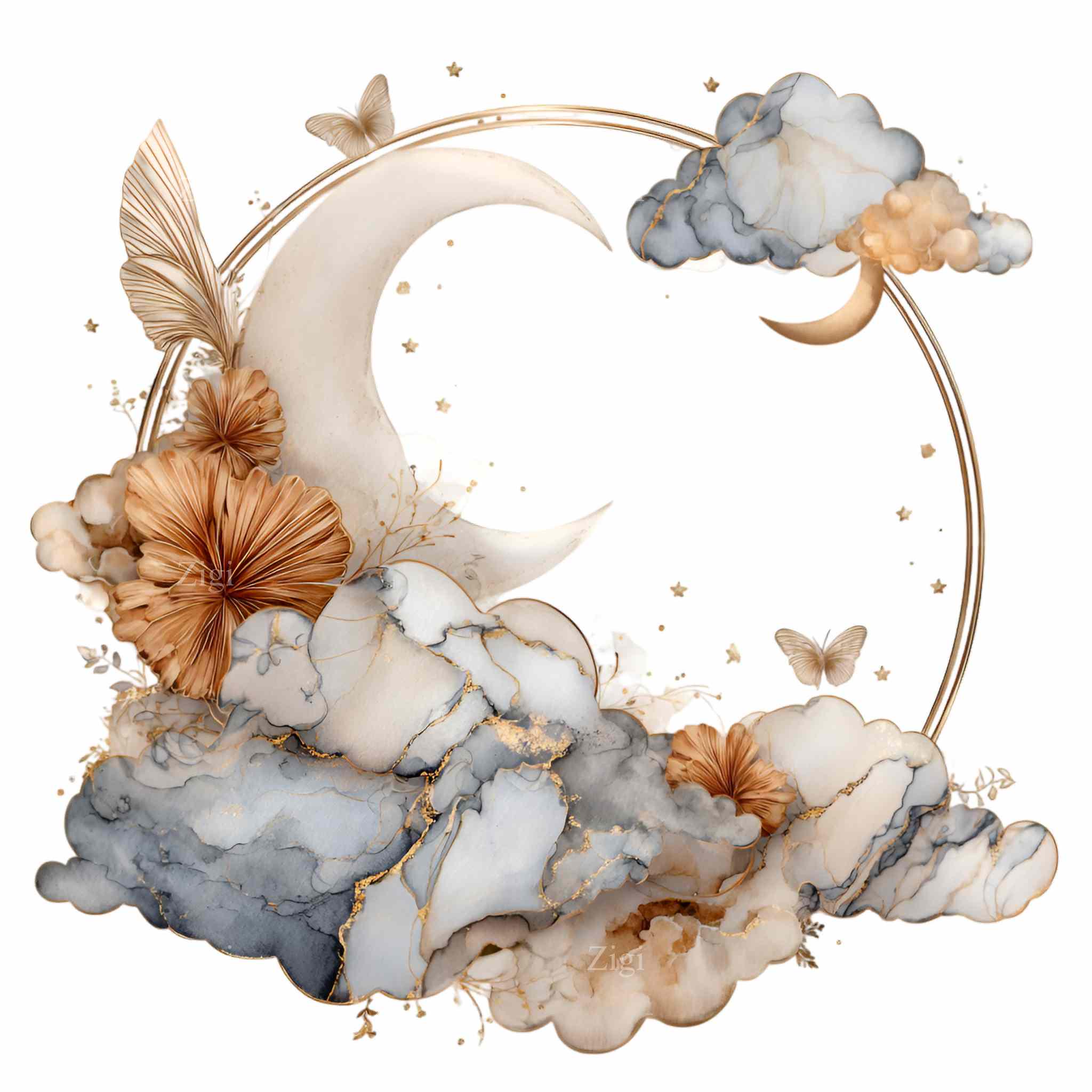 16 PNG Celestial Moon Frame PNG – Gold Clouds and Wings Clipart – Lunar ...