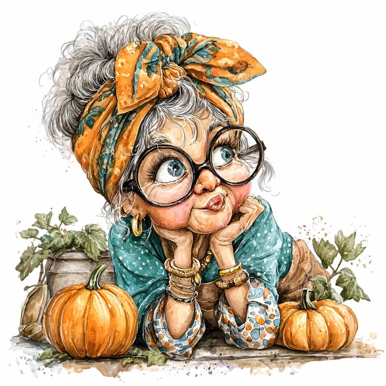 12 PNG Pumpkin Fall Lady Clipart, Autumn Harvest Sublimation Watercolor ...