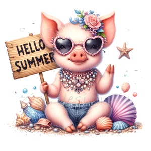 10 Cute Summer Pig PNG Clipart, Piglet in Floral Bikini With Sunglasses ...
