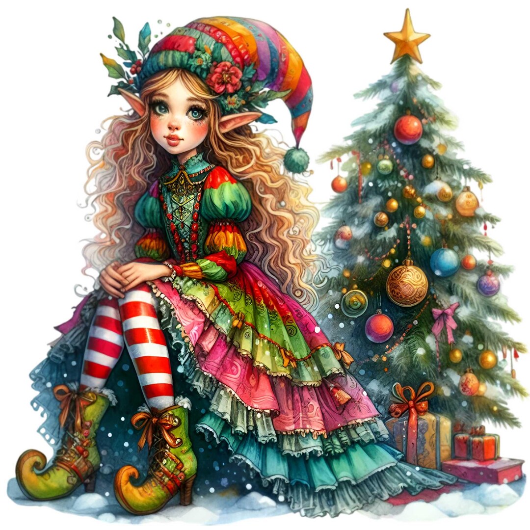 Christmas Elf Girl With Tree Clipart, 15 Festive Holiday Art, Santas ...