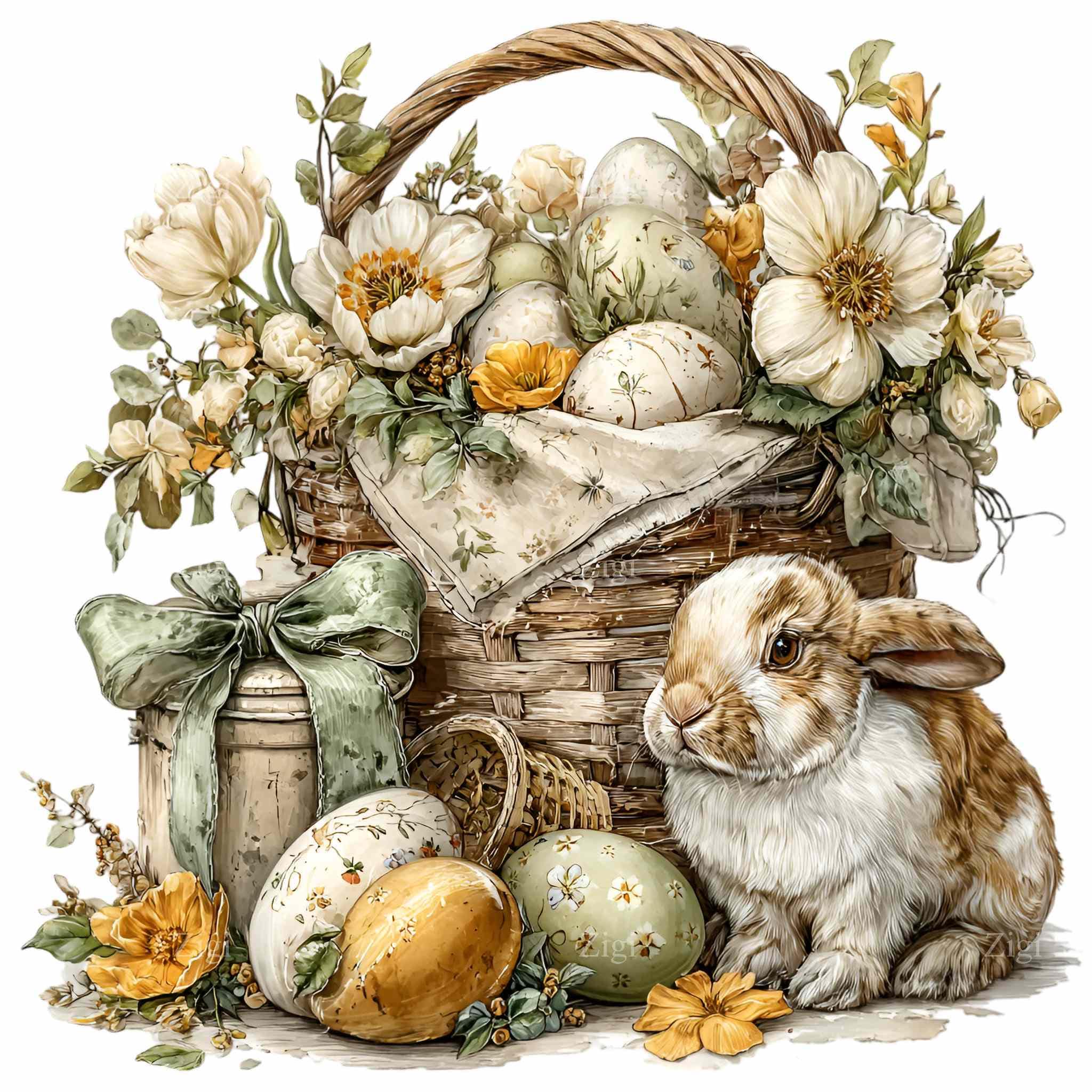 15 PNG Easter Rabbit Clipart, Floral Egg Basket Illustration Spring ...