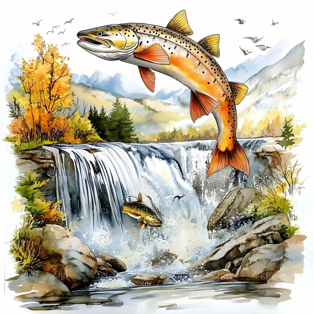 28 JPEG Trout Fishing Clipart JPG – Leaping Fish Waterfall Scene With ...