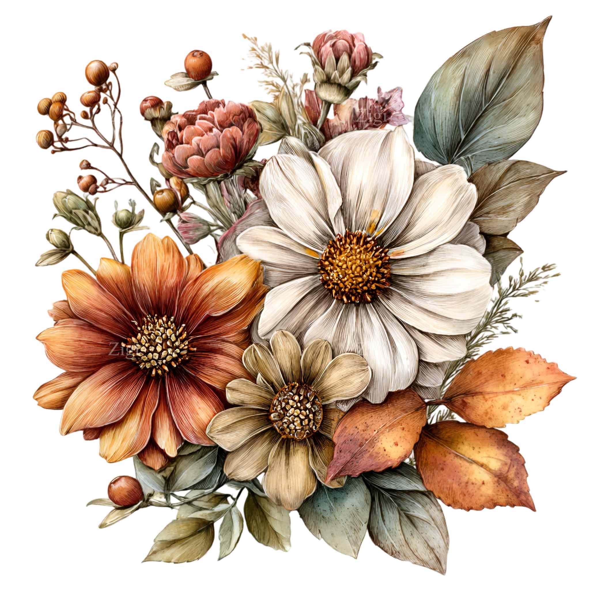 11 PNG Rustic Autumn Bouquet Clipart – Fall Floral Illustration for ...