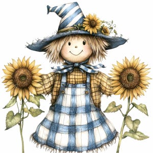 11 PNG Scarecrow Sunflower Fall Harvest Clipart, Autumn Gingham ...