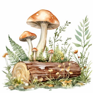 17 Forest Mushrooms on Log PNG Clipart, Orange Toadstools With Moss and ...