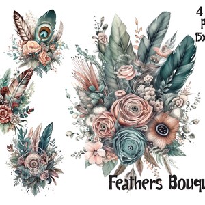 Feathers Bouquet Clipart PNG Watercolor Boho Style Sublimation Digital ...