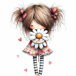 Girl With Daisy Clipart PNG | 15 Floral Art | Cute Digital Illustration ...