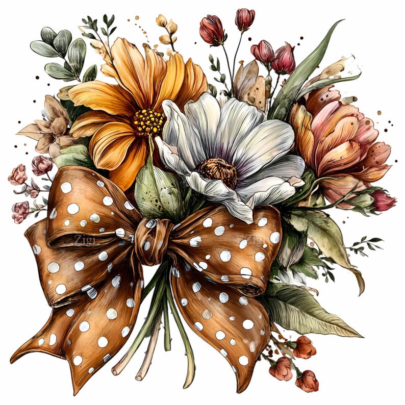 15 PNG Polka Dot Bow Autumn Floral Clipart – Rustic Fall Bouquet ...