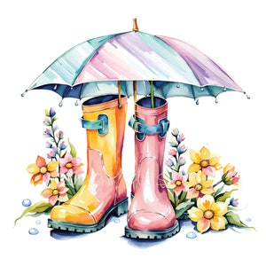 Rain Boots Clipart Bundle, 20 PNG Watercolor Umbrella Rubber Boots ...