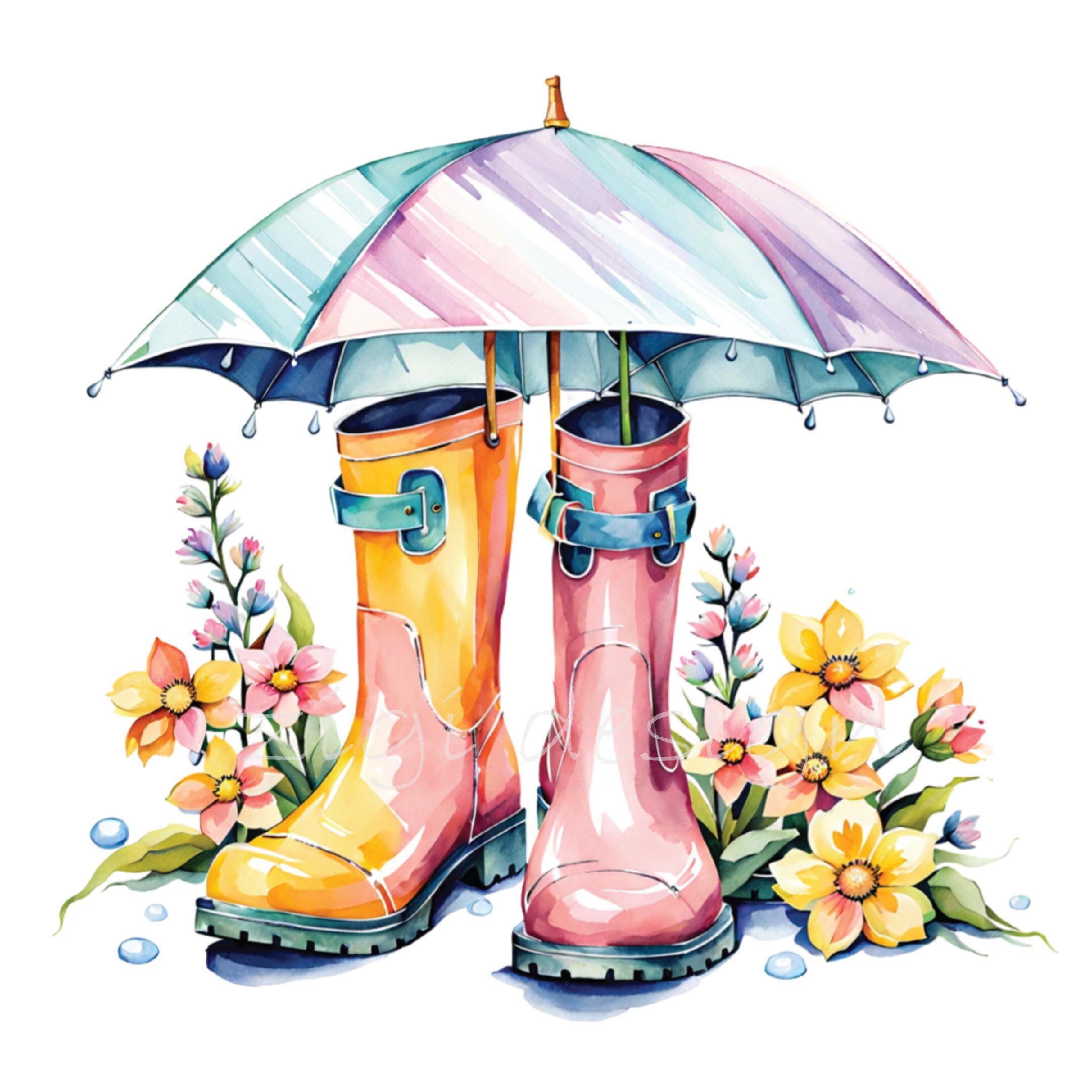 20 PNG Watercolor Rain Boots Umbrella Clipart, Spring Flower ...