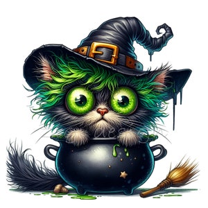 Witch Cat Clipart 10 PNG Halloween Cute Cat Illustration Fluffy Green ...