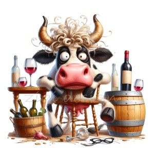 Comics Cow Drinking Wine 12 PNG Vineyard Barrel Funny Cartoon Illustration Clipart, Sublimation ...