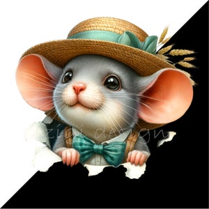 Charming Mouse Clipart 12 PNG Cute Mouse in Straw Hat and Bow Tie High ...