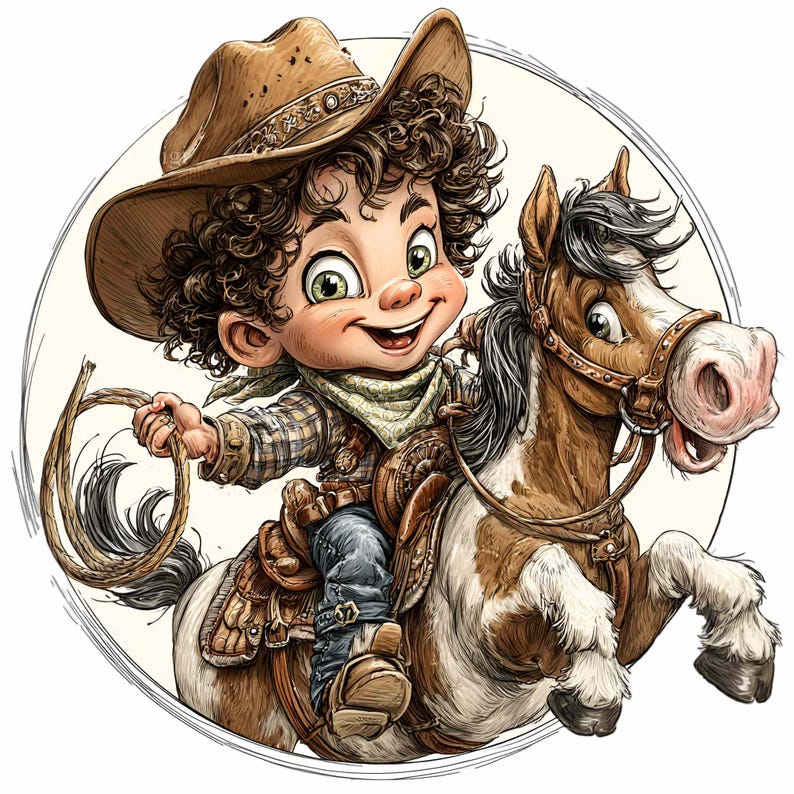 11 PNG Rodeo Kid Clipart – Cowboy Boy on Horse PNG – Western Child Art ...
