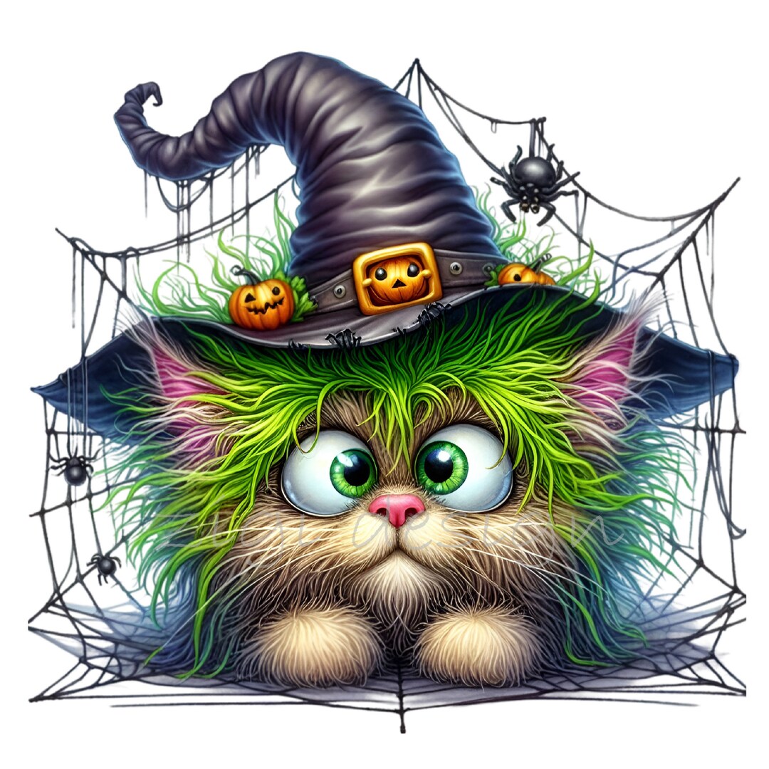 Witch Cat Clipart 10 PNG Halloween Cute Cat Illustration Fluffy Green ...
