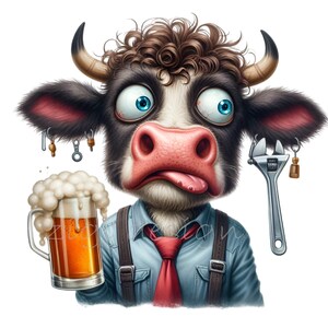 Comics Cow Mechanic Drinking Beer 15 PNG Father Gift Funny Cartoon ...