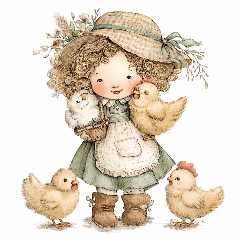 16 PNG Farm Chicken Girl Clipart – Vintage Illustration – Spring Chicks ...