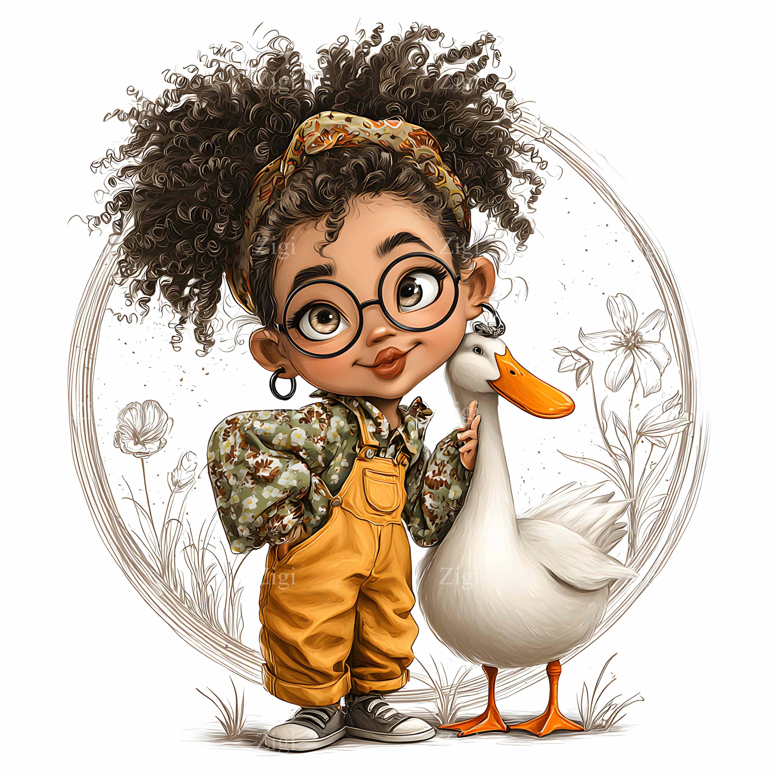 15 JPG Fashion Girl Illustration Clipart, Curly Hair Character Duck ...