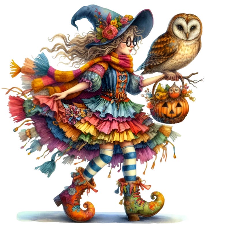 12 PNG Rainbow Witch Clipart – Colorful Fantasy Girl With Owl Digital ...