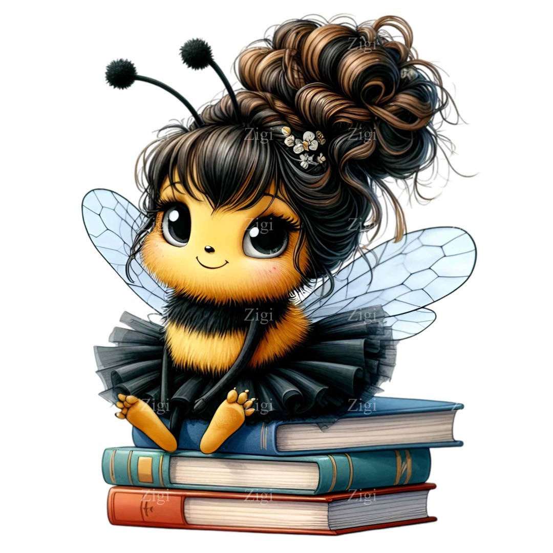 15 Reading Bee Clipart PNG, Cute Bee With Black Tutu Sitting on Books ...