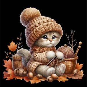 Knitting Kitten Clipart, 10 Cute Fall Cat PNG for Autumn Crafts ...