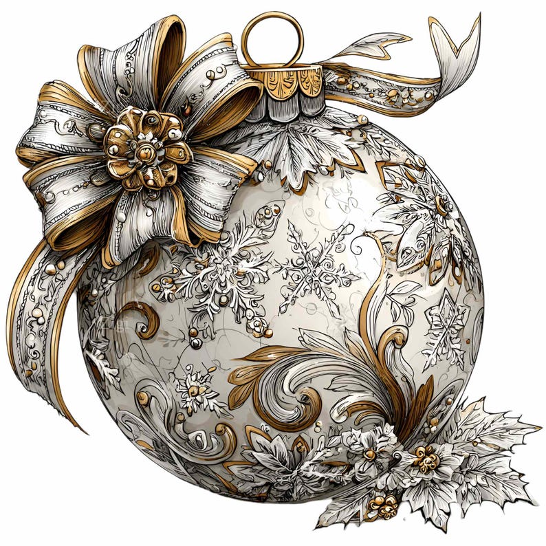 12 PNG Elegancka ozdoba świąteczna Clipart – Złota i biała bombka PNG – Luksusowa ilustracja ...