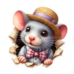 Charming Mouse Clipart 12 PNG Cute Mouse in Straw Hat and Bow Tie High ...